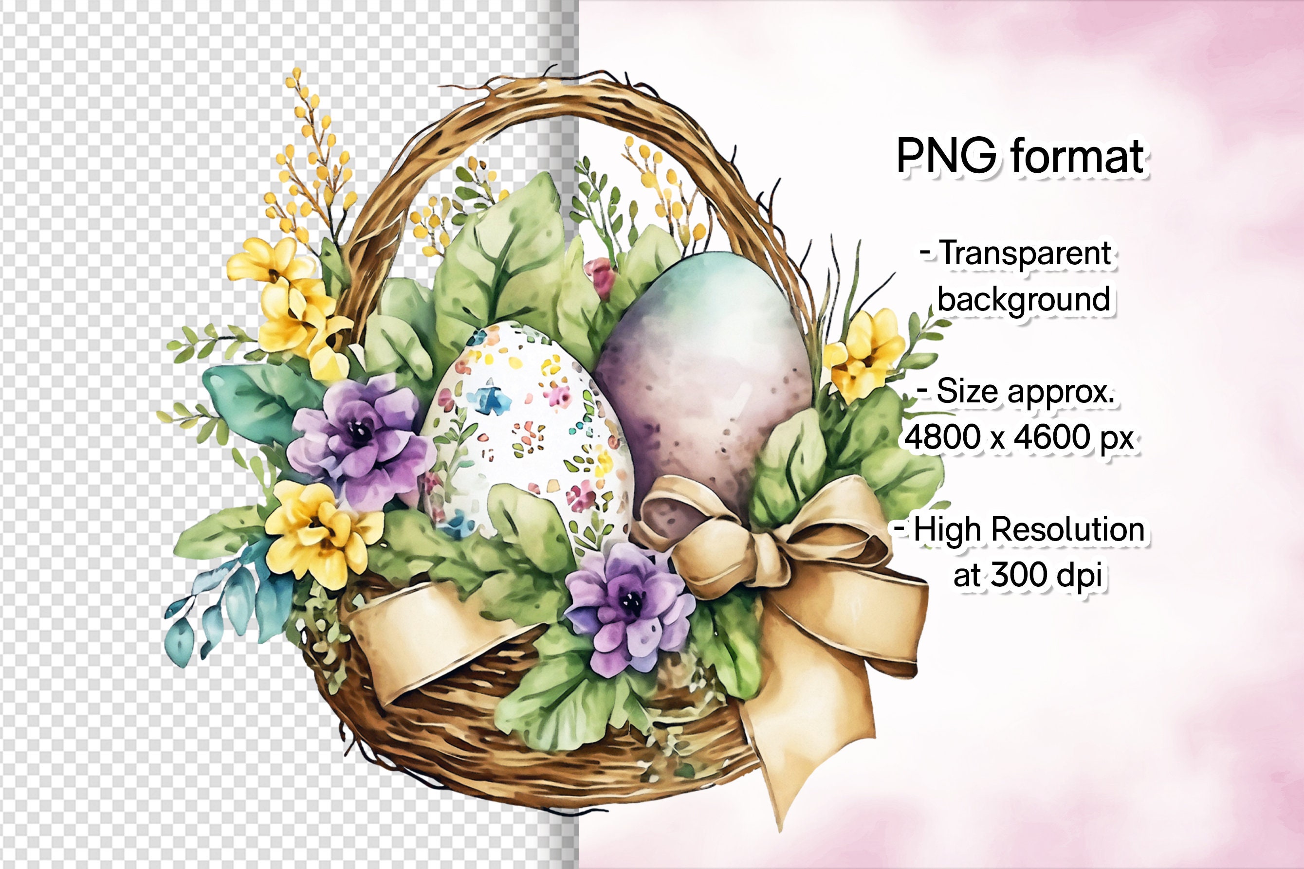 Easter Eggs in Floral Basket Watercolor Painting Clipart Sublimation ...