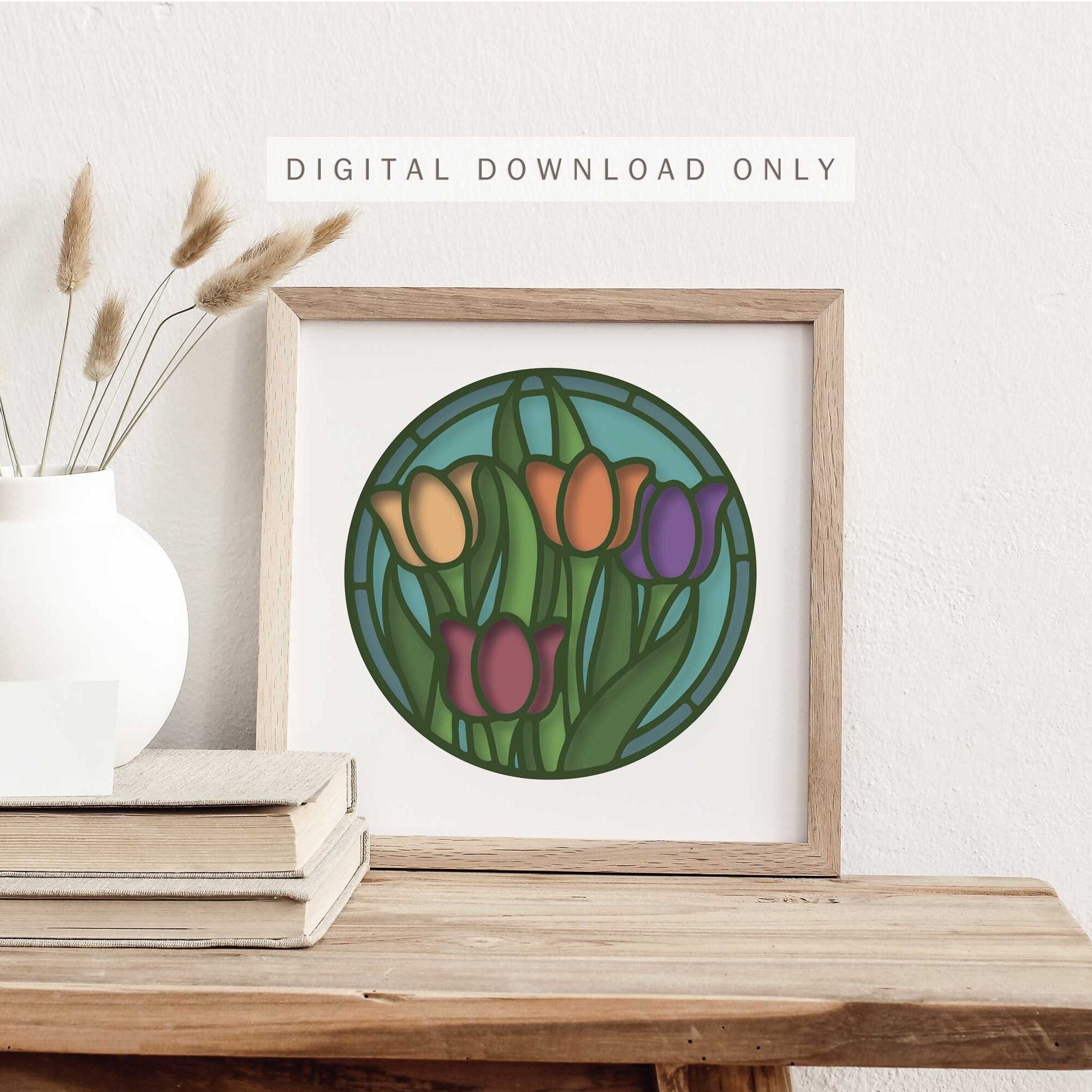 3d Tulips Stained Glass SVG, Vintage Floral Layered Shadow Box ...