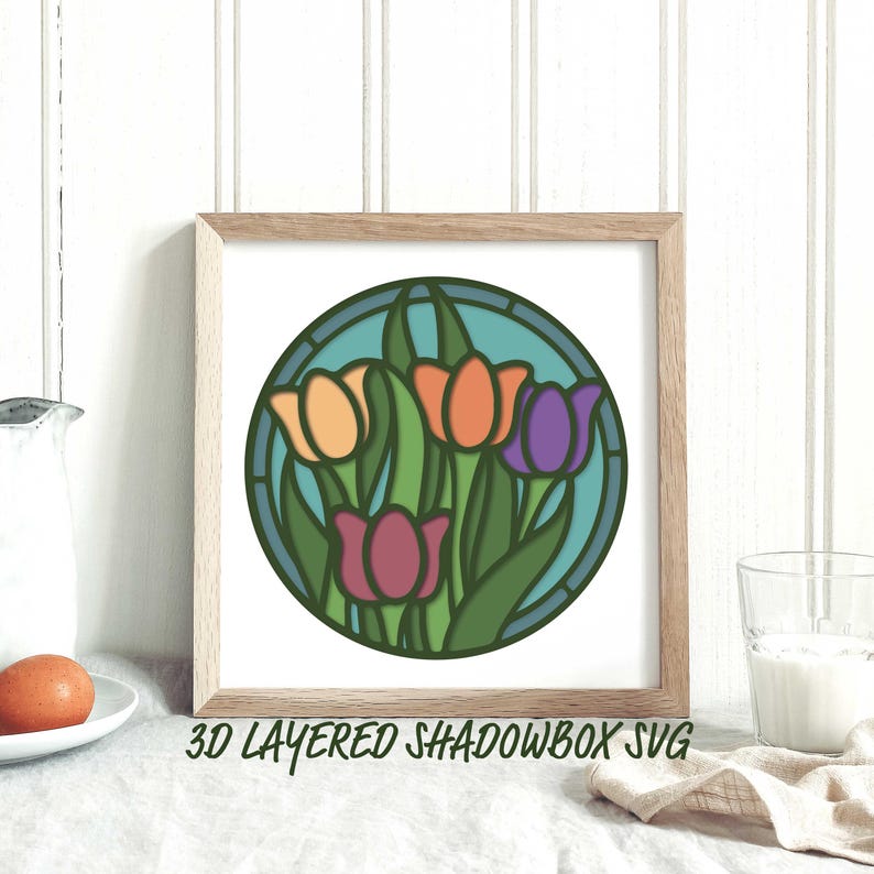3d Tulips Stained Glass SVG, Vintage Floral Layered Shadow Box ...