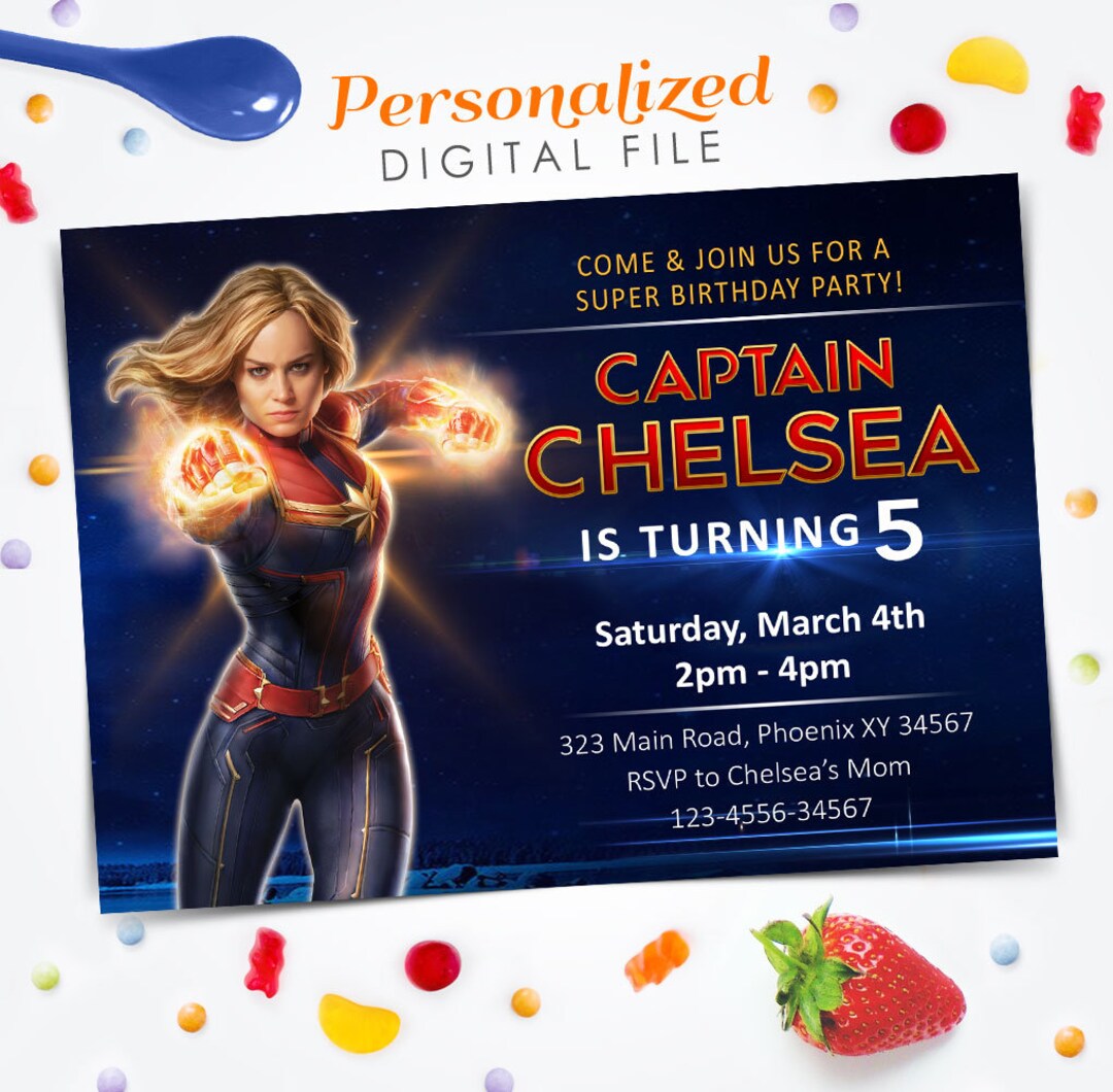 Captain Marvel Invitation, Captain Marvel Birthday Invitation, Captain ...