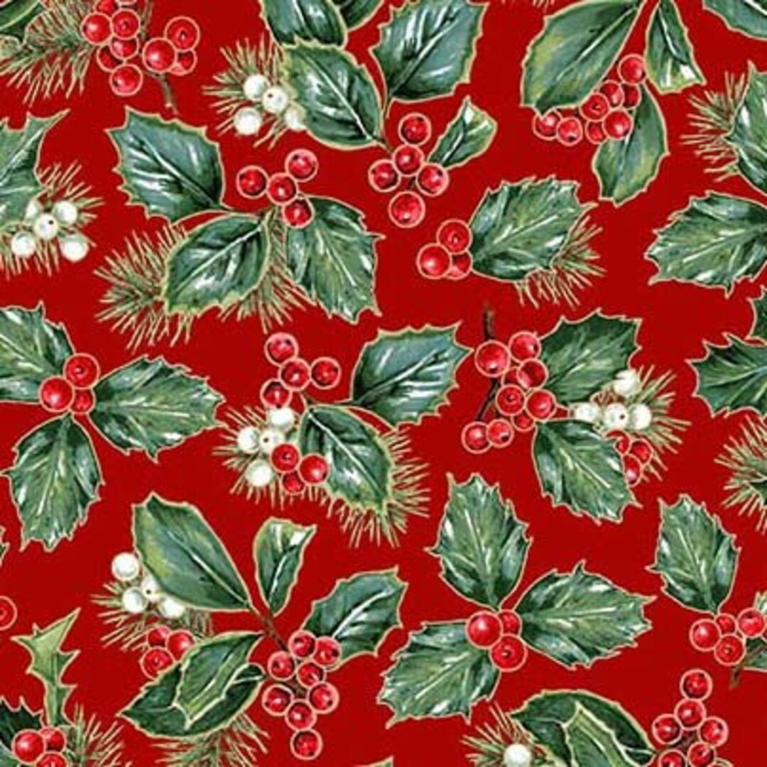 Holly and Berries Red W/metallic Fabric by Michael Miller Fabrics ...