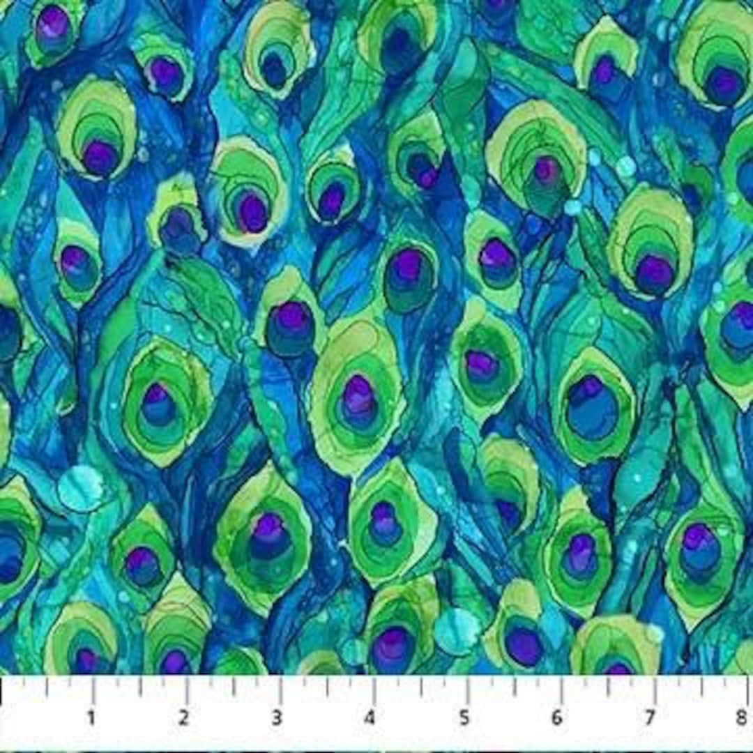 Allure Indigo Blue Multi Peacock Feather Fabric by Northcott 26702 46 ...