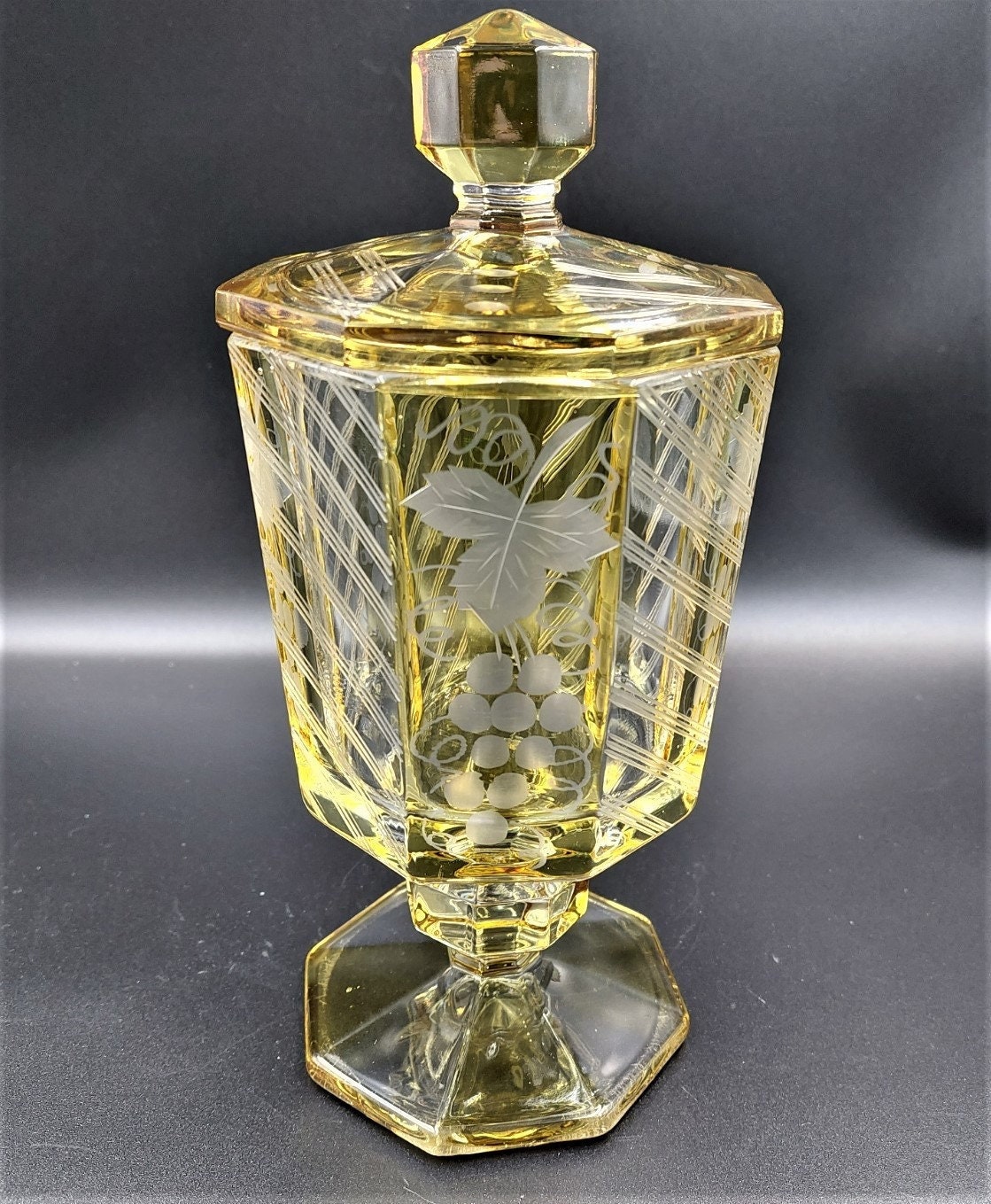 Antique ELEGANT Wheel Etched Topaz Yellow & Clear Glass Grape and Cable ...
