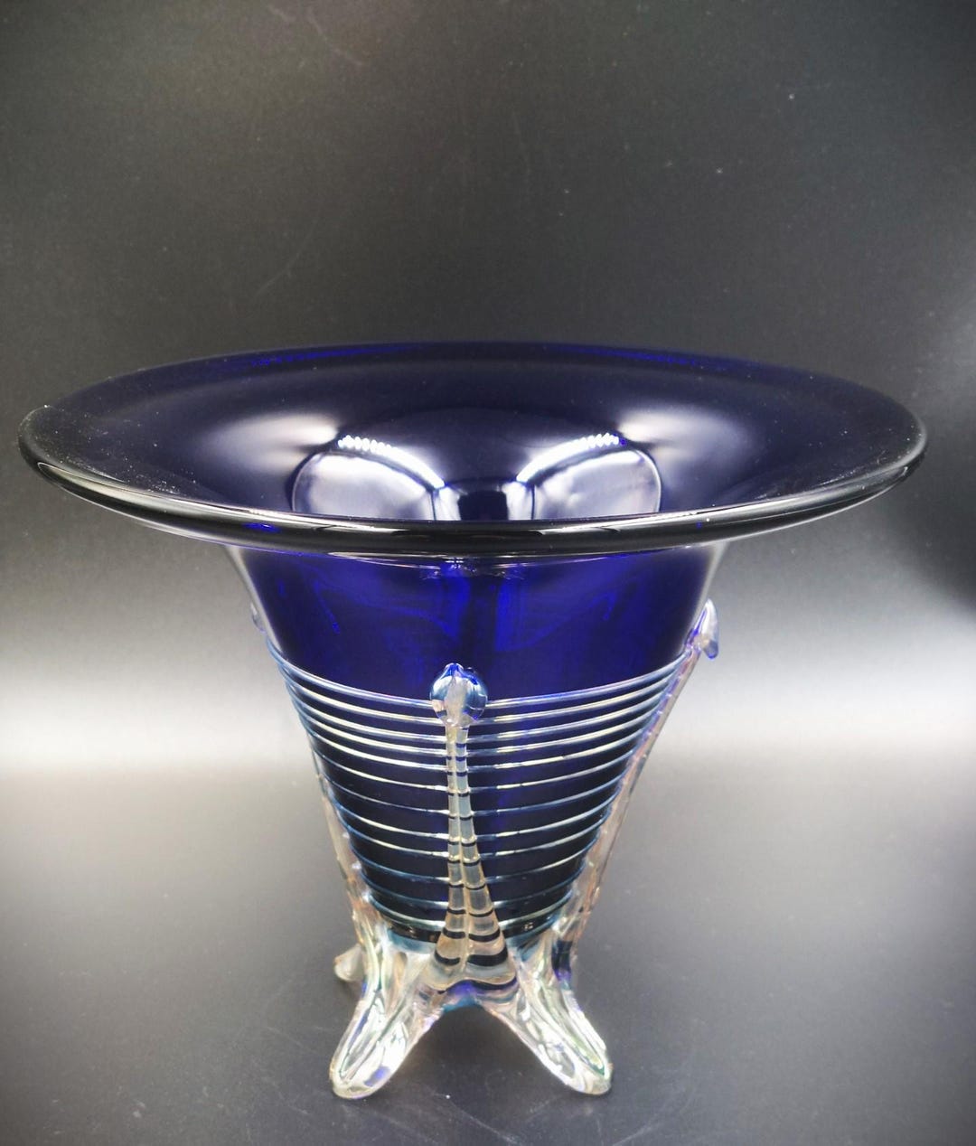 JOHN COOK Studio Art Glass Threaded Pattern Cobalt Blue Glass Vase 1994 ...