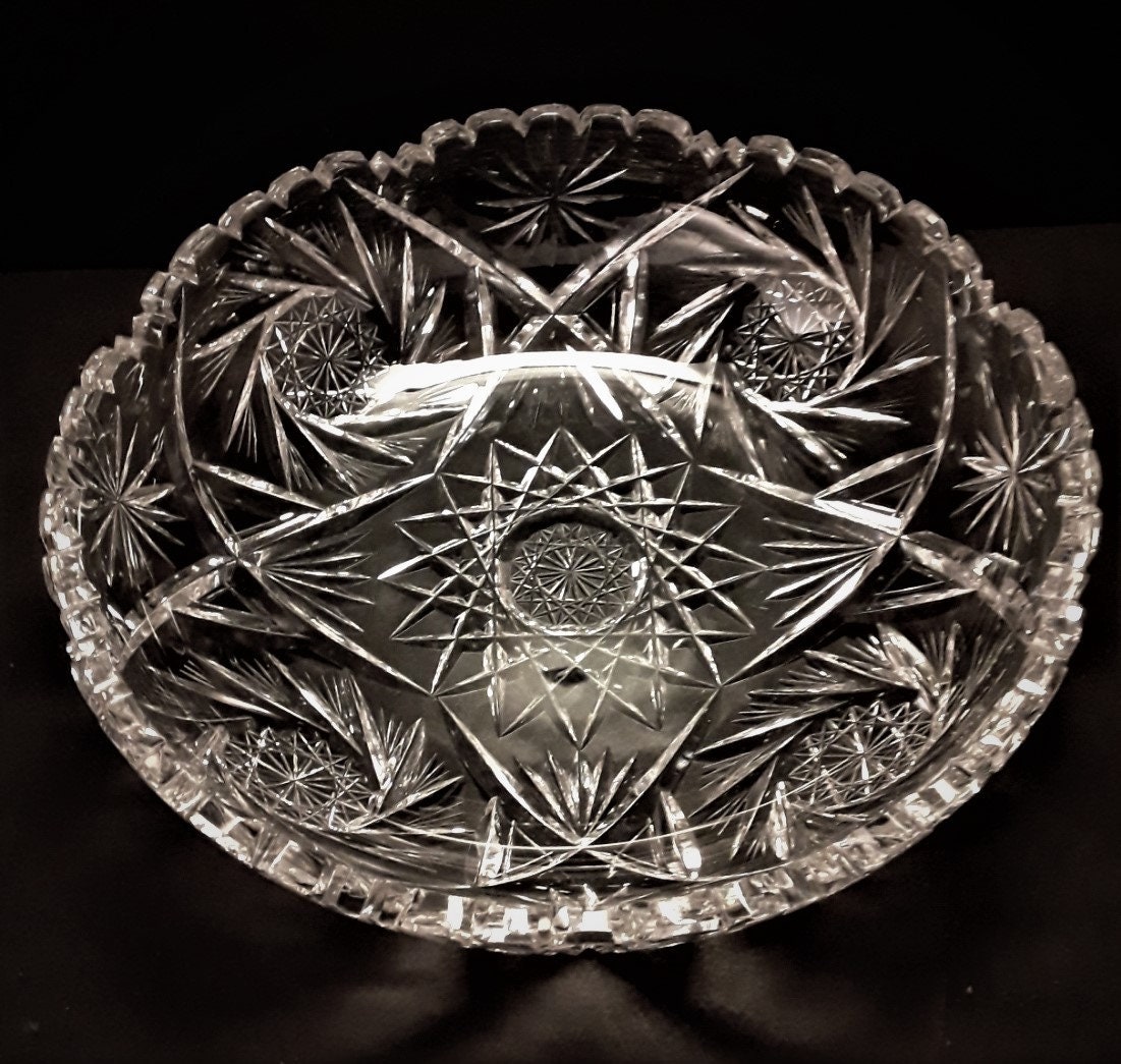 Vintage Wheel CUT Lead CRYSTAL Bowl 10" ELEGANT Sawtooth Edge Pinwheel ...