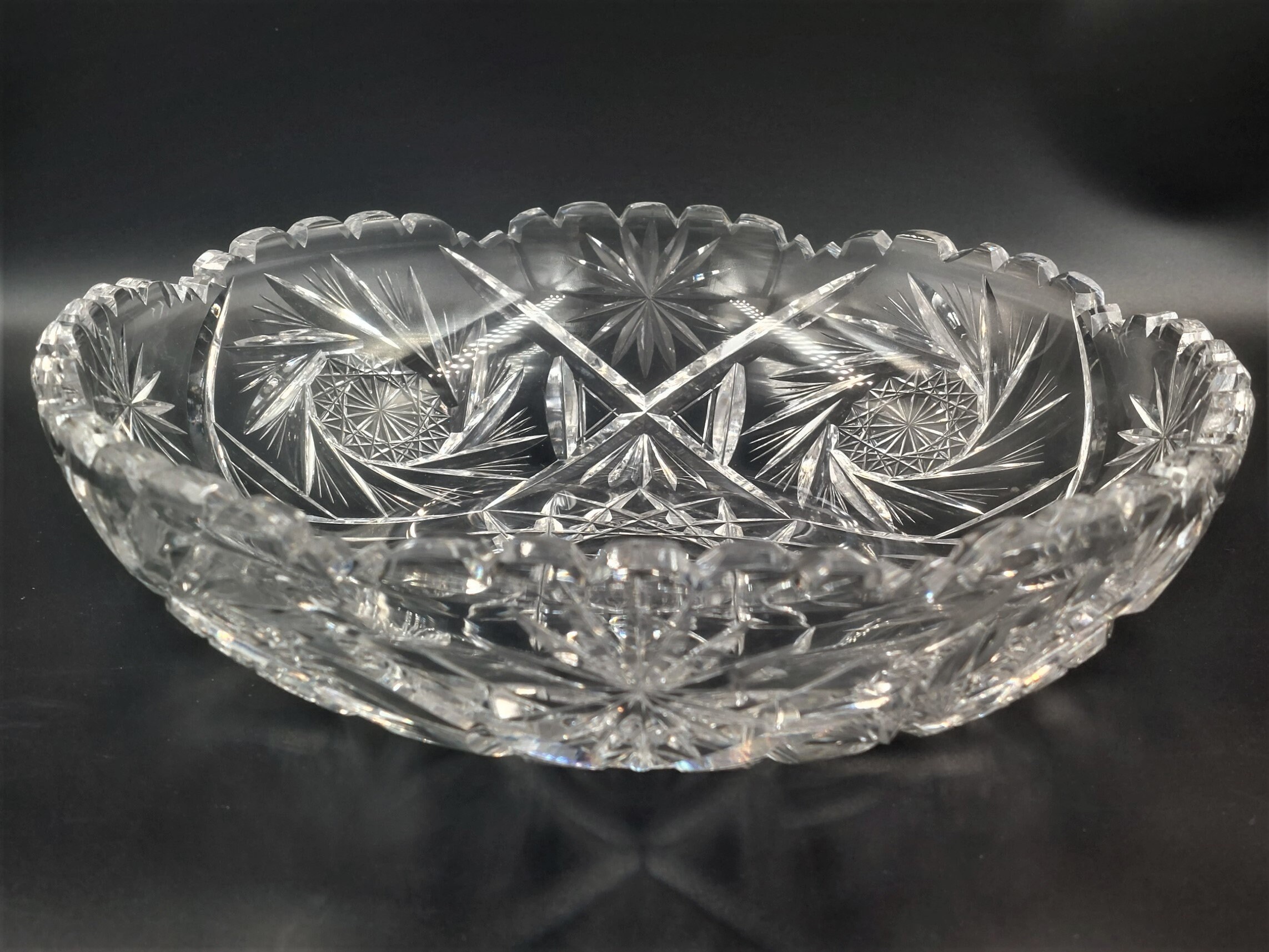 Vintage Wheel CUT Lead CRYSTAL Bowl 10" ELEGANT Sawtooth Edge Pinwheel ...
