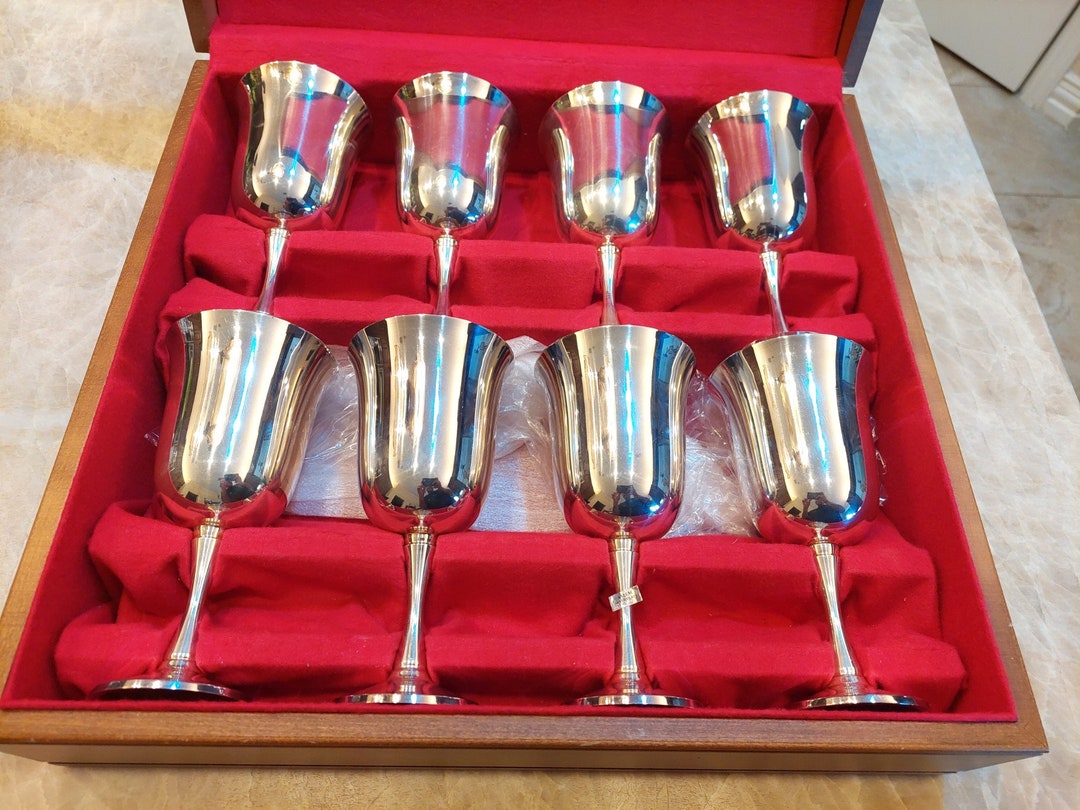 Vintage SALEM Silver Plated Wine / Water Goblets Set of 8 in Wooden Box ...