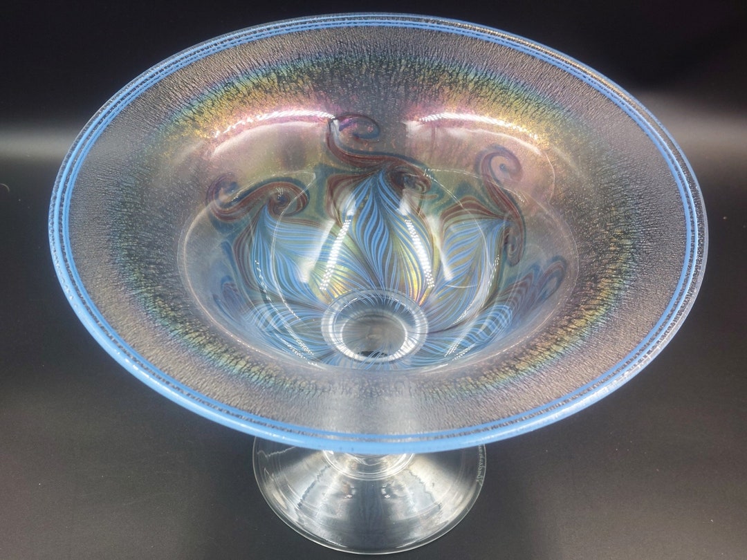 VANDERMARK Art Glass Pulled Feather Retro Glass Compote Bowl MCM Art ...