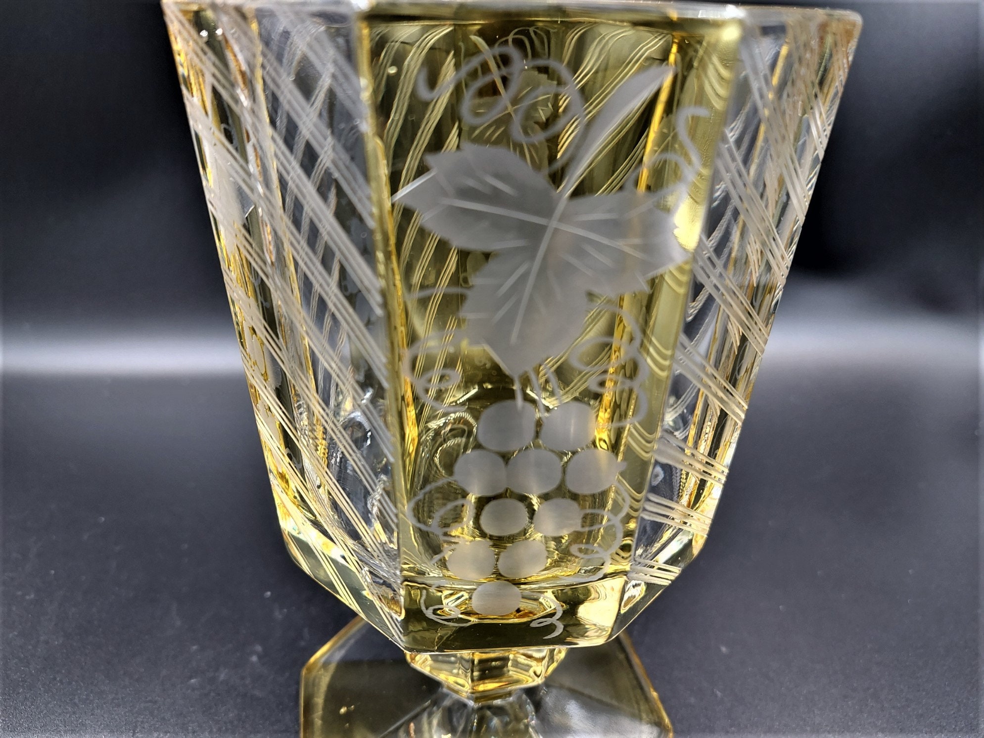 Antique ELEGANT Wheel Etched Topaz Yellow & Clear Glass Grape and Cable ...