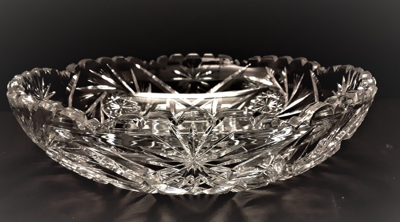 Vintage Wheel CUT Lead CRYSTAL Bowl 10" ELEGANT Sawtooth Edge Pinwheel ...