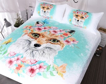 3D Fox Quilt Cover Wolve Floral Gold Mandala Boho Fox Duvet | Etsy
