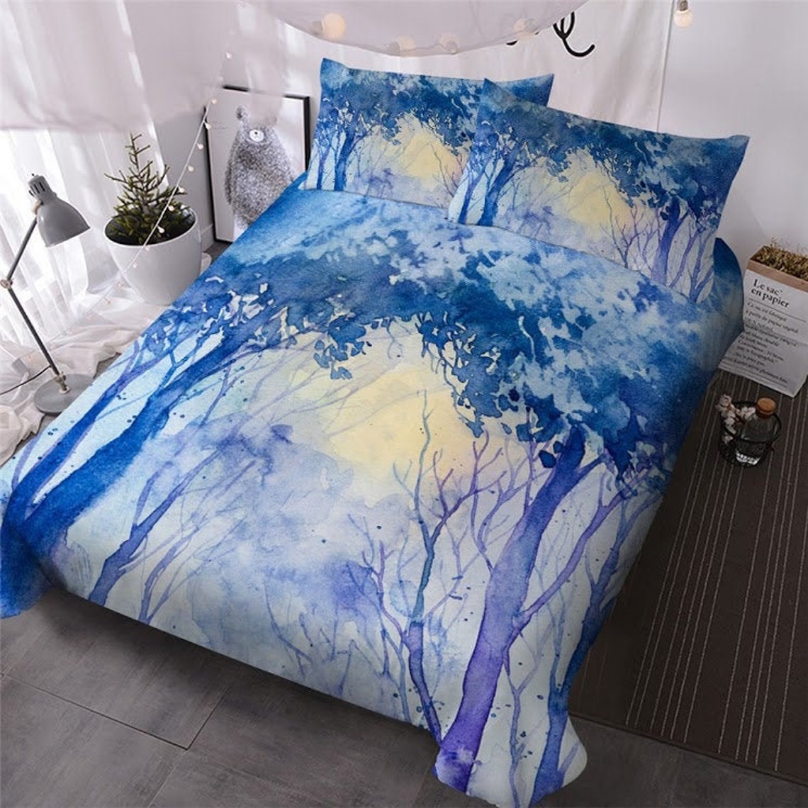 Blue Tree Trunk Duvet Cover Watercolor Paint Tree Forest Quilt - Etsy