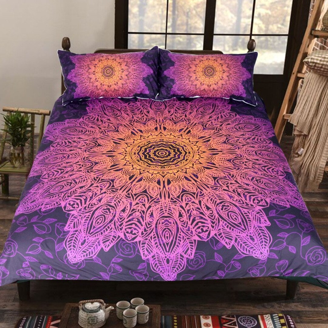 Mandala Duvet Cover Boho Flowers Bohemian Quilt Cover Gradient Purple ...