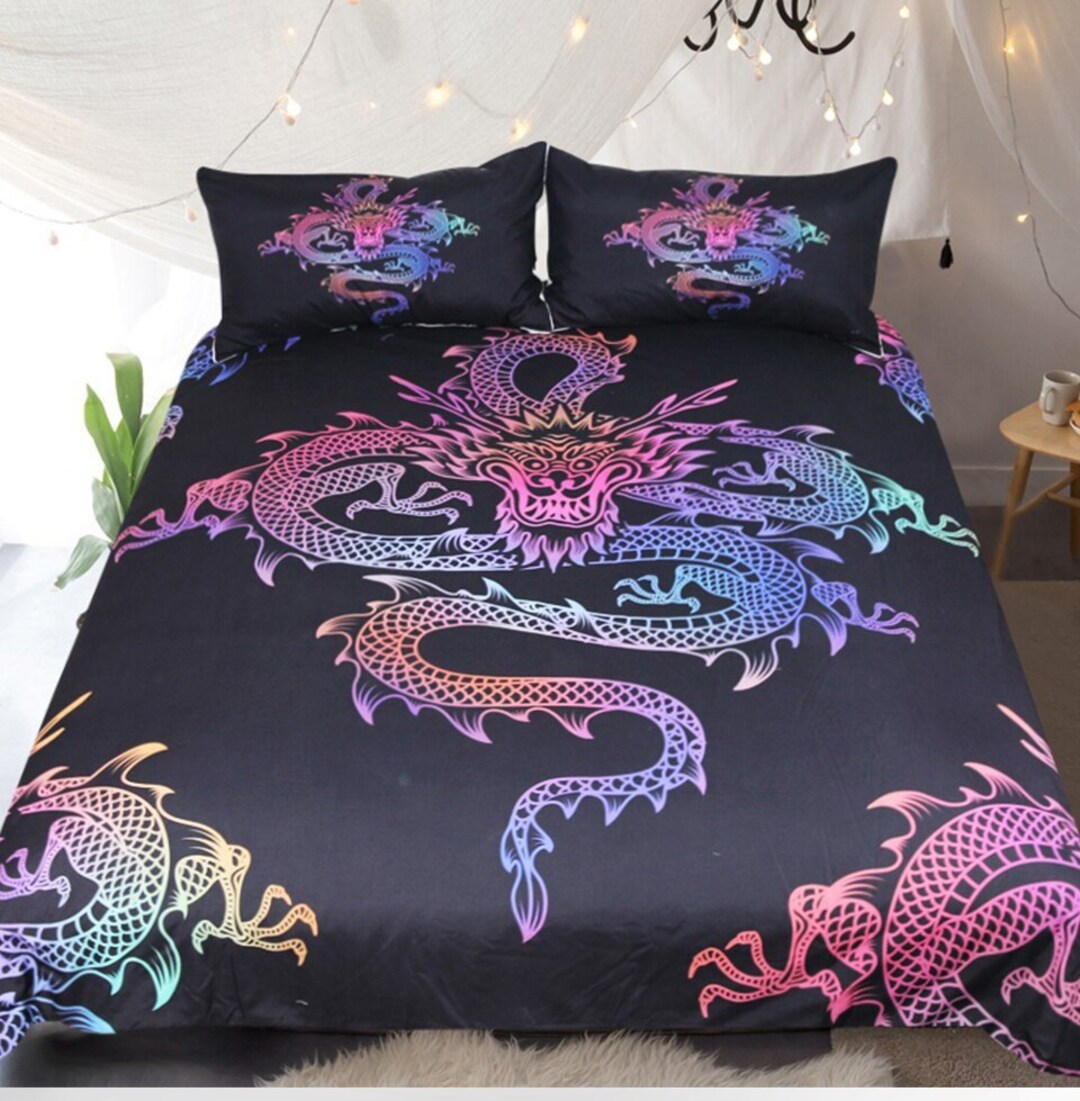 3D Lucky Dragon Quilt Cover Colorful Dragon Duvet Cover Purple Pink ...