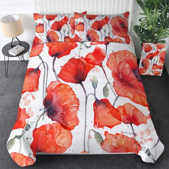 Poppy Flower Duvet Cover Red Poppy Watercolor Flower Quilt Etsy