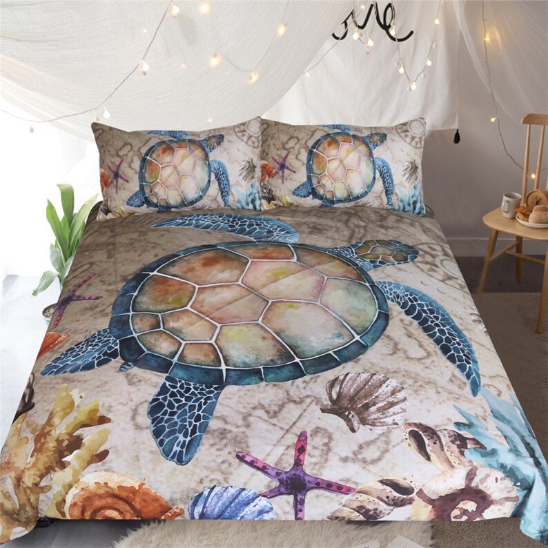Sea Turtle Duvet Cover Bed Set Blue Tortoise Watercolor Ocean - Etsy