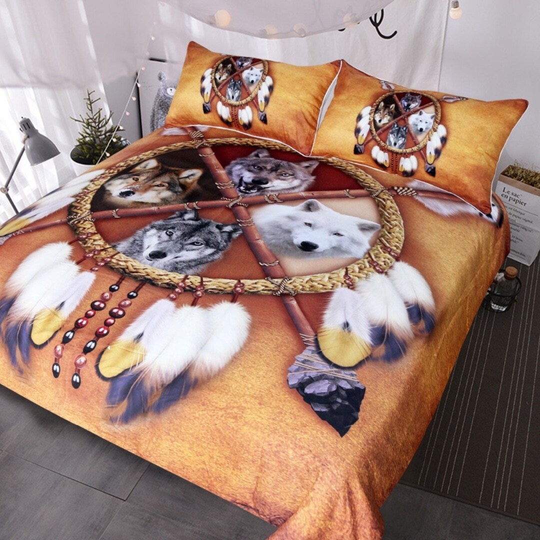 Wolf Duvet Cover, Wolve Dreamcatcher Bedding, Wild Tribal 3D Quilt ...
