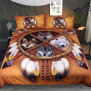Wolf Duvet Cover, Wolve Dreamcatcher Bedding, Wild Tribal 3D Quilt ...