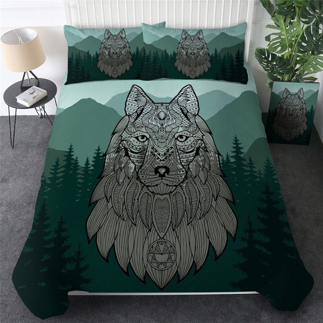 3D Wolf Aztec Tribal Wolf Quilt Cover Green Mountain Wolve - Etsy