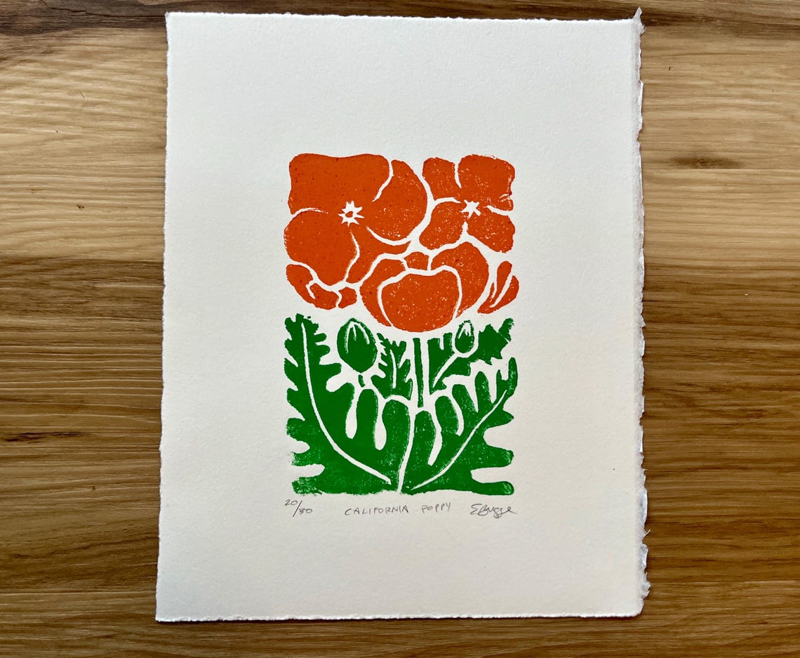 California Poppy - Original Linocut, Hand-carved, Hand-printed Orange ...