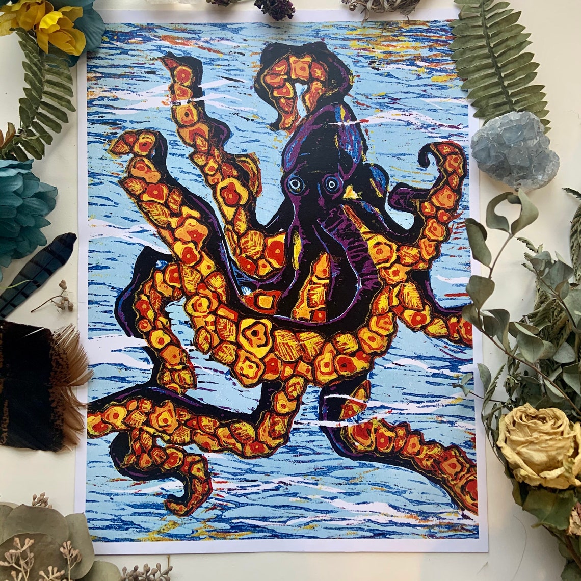 Octopus Garden Art Woodblock Print Psychedelic Octopus | Etsy