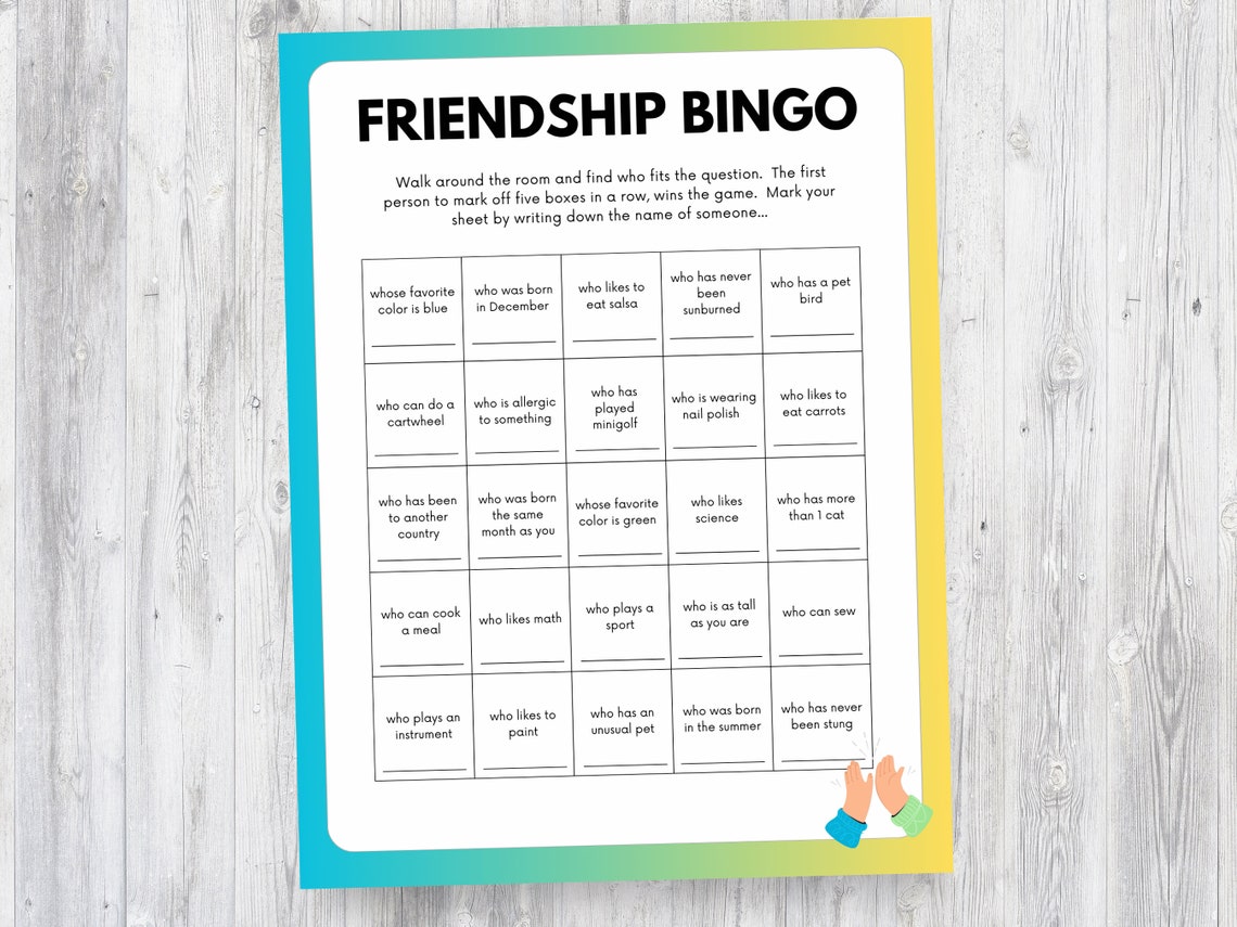 Friendship Bingo Printable Worksheet for Kids, Get to Know You Team ...