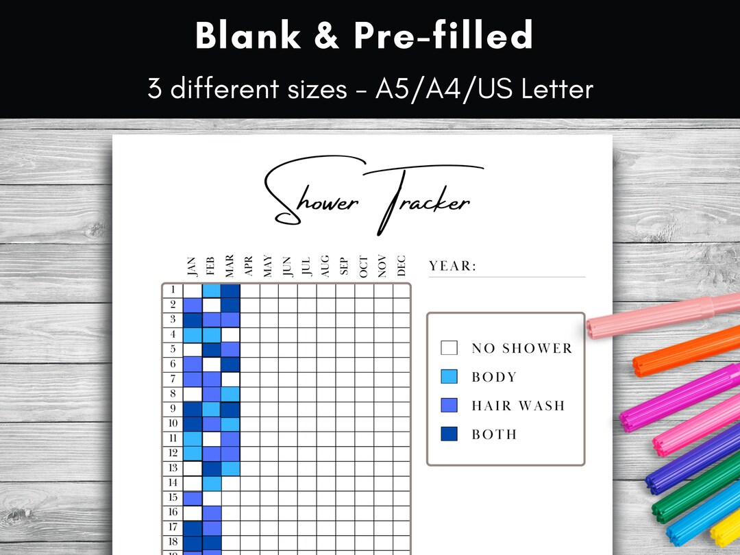 Hygiene Shower Yearly Tracker in Pixels, Planner Insert for Lettera4a5 ...