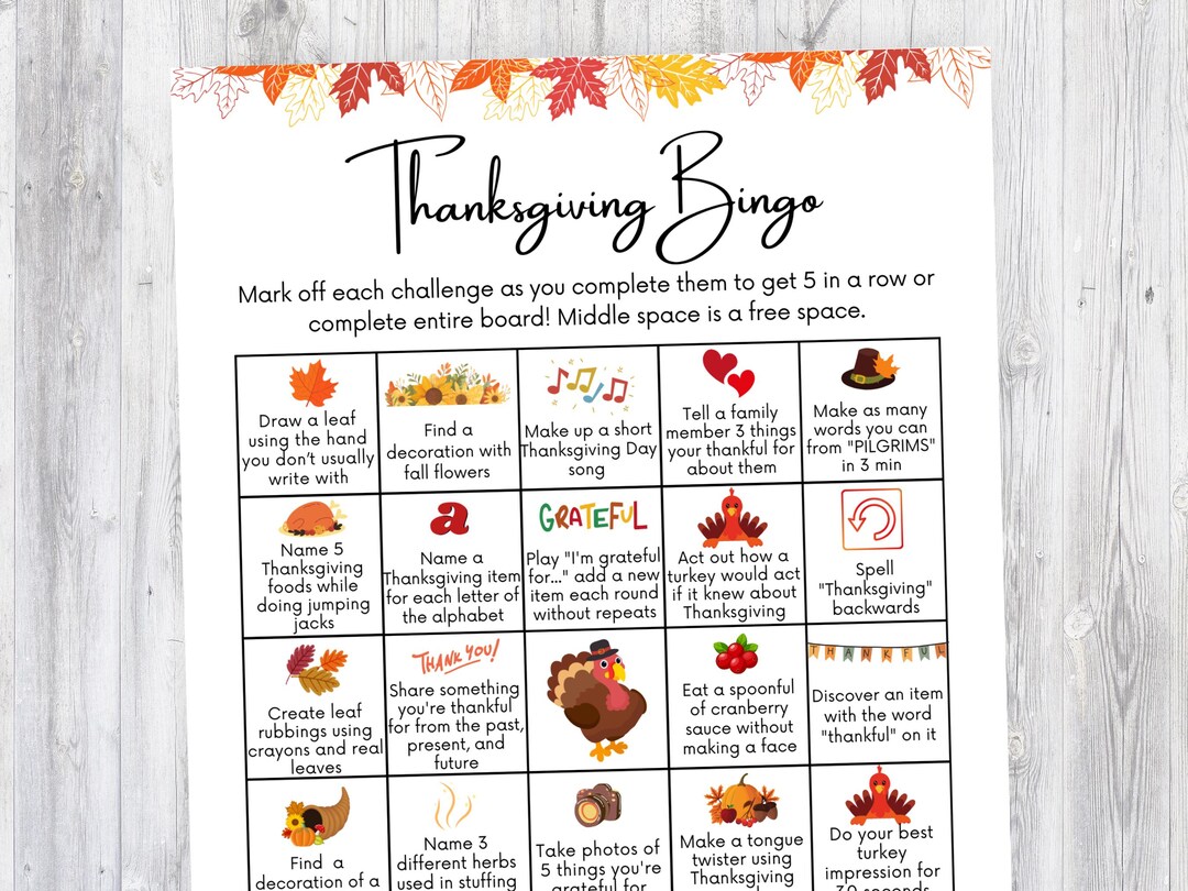 Thanksgiving Bingo Challenge Printable Fun Kids Game & Gratitude ...