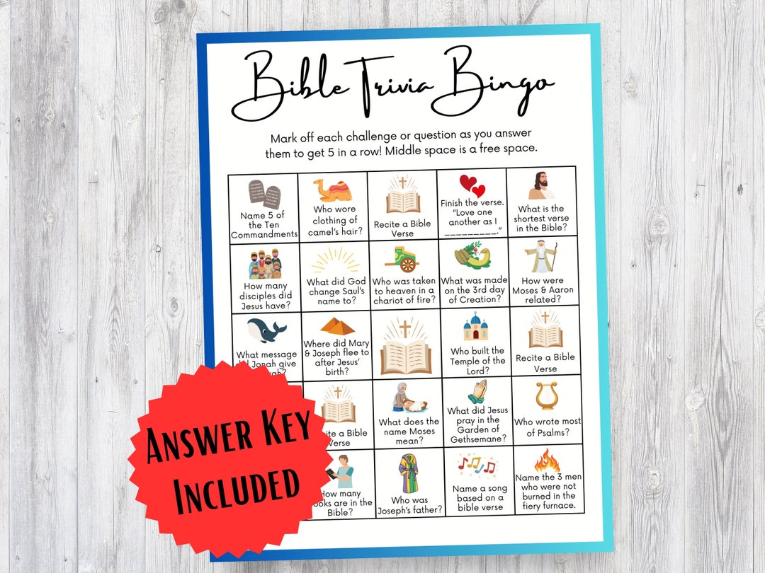 Bible Trivia Bingo Printable for Kids, Christian Worksheets for Sunday ...