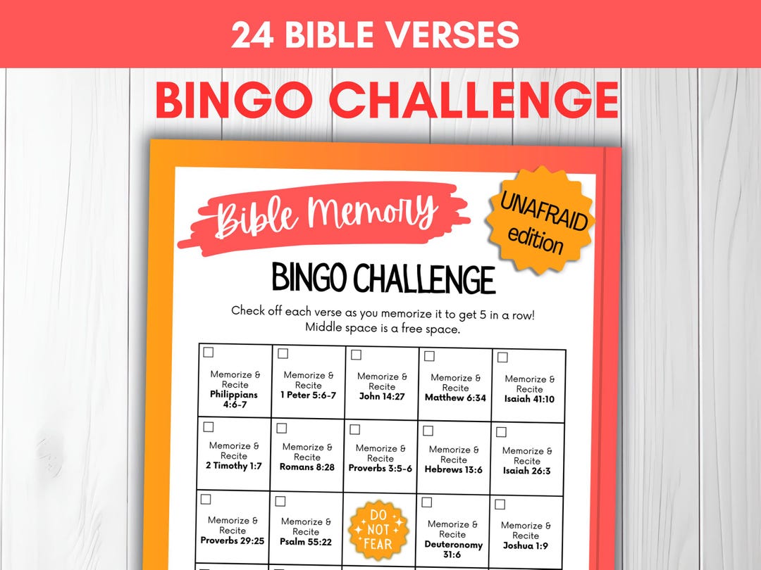 Unafraid Bible Memory Verse Bingo Challenge Printable, Overcome Anxiety Worksheets & Bible ...