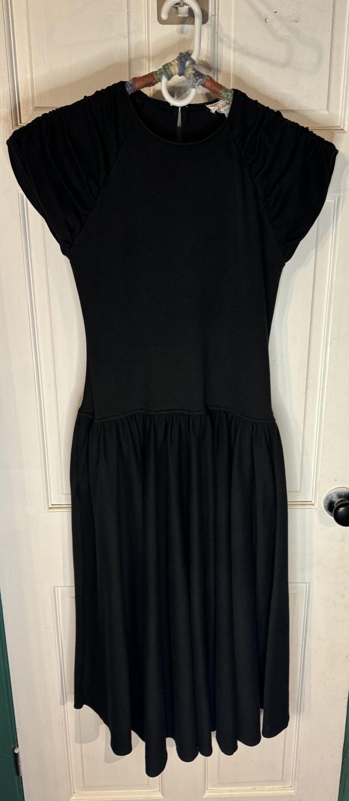 90's Michelle Stuart Black Midi Dress With Ruched Sleeves & Flared ...