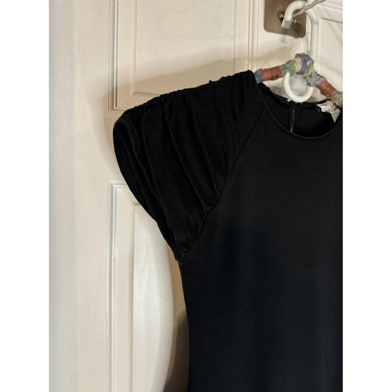 90's Michelle Stuart Black Midi Dress With Ruched Sleeves & Flared ...