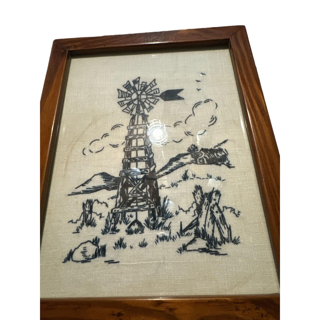 Vintage Windmill Embroidery Art in Wooden Frame - Etsy