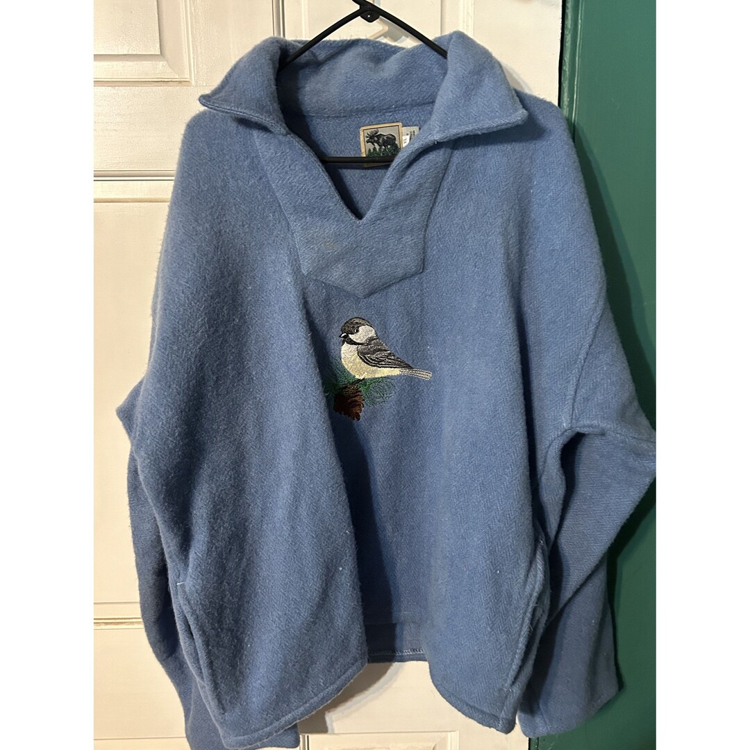 Cabin Fever Blue Fleece Pullover With Bird Embroidery - Cozy & Stylish ...