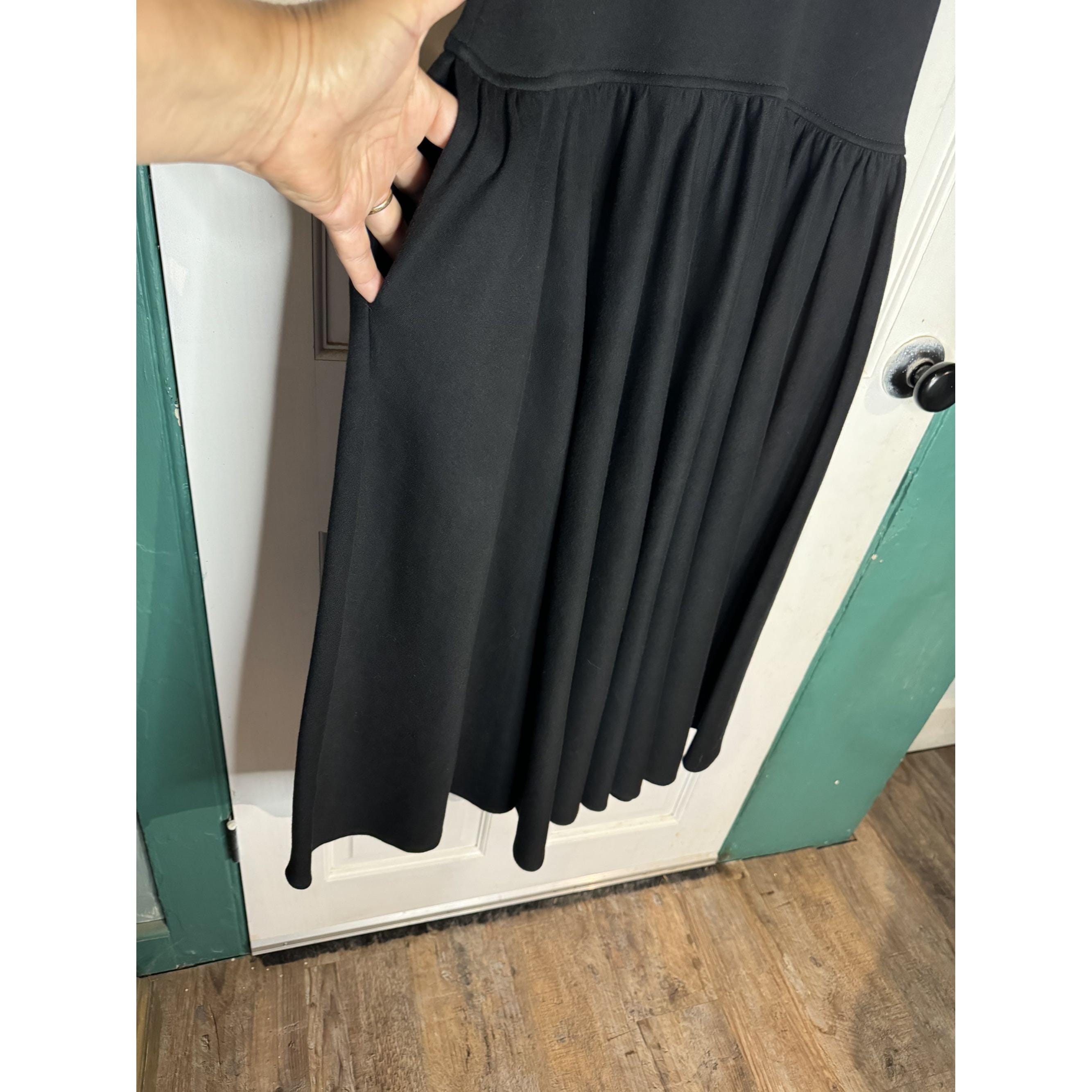 90's Michelle Stuart Black Midi Dress With Ruched Sleeves & Flared ...