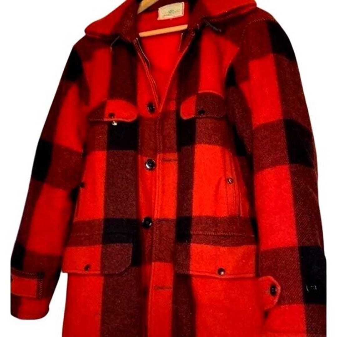 Vintage Johnson Mens Red Black Plaid Wool Hunting Jacket S 40 Hood ...