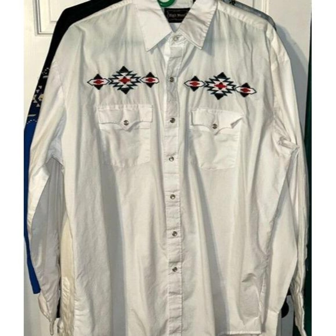 High Noon Western Shirt Long Sleeve Snap Button Aztec Embroidery White ...