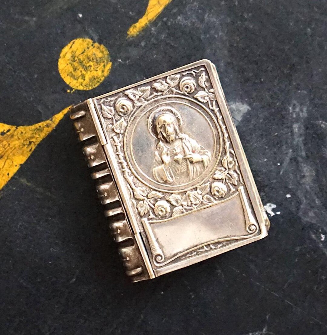 Vintage Silver Pill Box Bible – Jesus Relief – Rosary or Travel Box ...