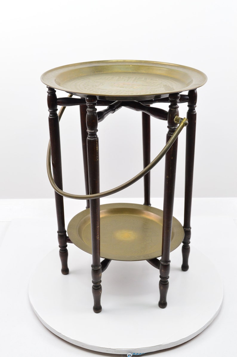 Vintage Two Tier Folding Table Folding Wooden Base With Brass Handle ...