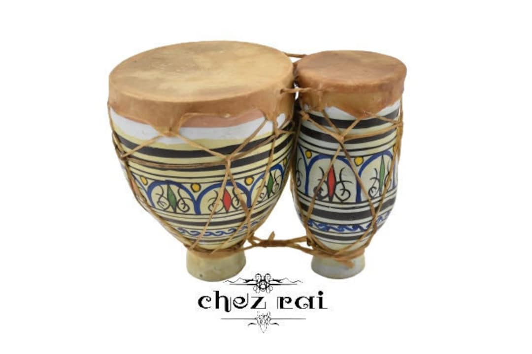 Vintage African Moroccan Leather Twin Drum Musical Instrument Pottery ...