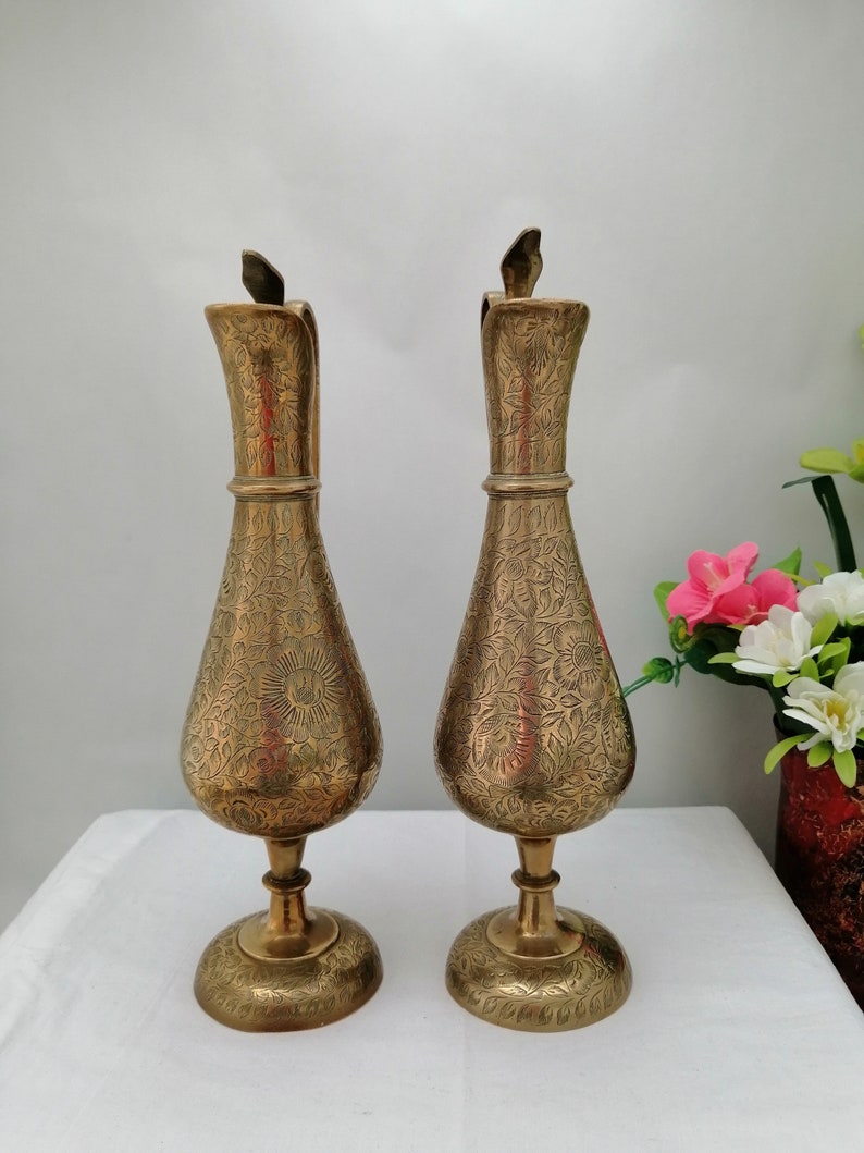 Vintage Heavy Decorated Indian Slim Tall Jugs Vintage Brass Decorative ...