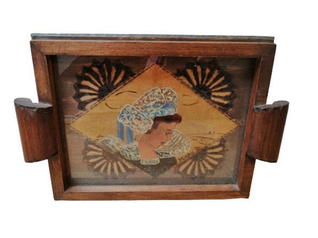 Vintage French Small Tray Breton Woman Wooden Tray With Glass ...