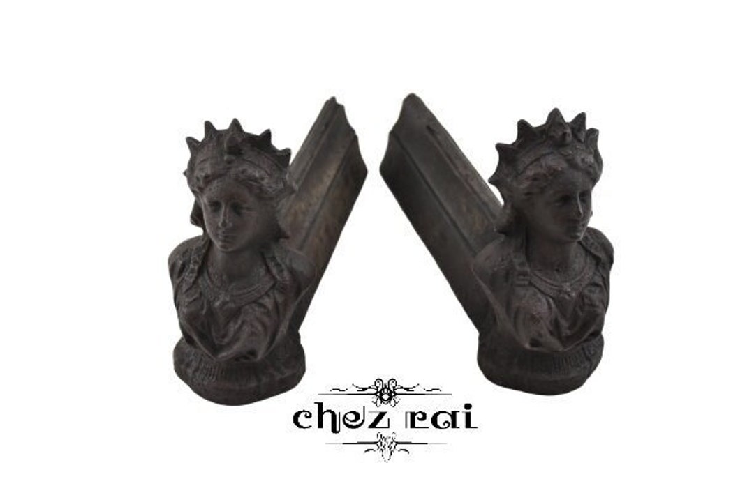 Antique Heavy Firedogs Queen Bust Andirons Cast Iron Pair of Ladies ...