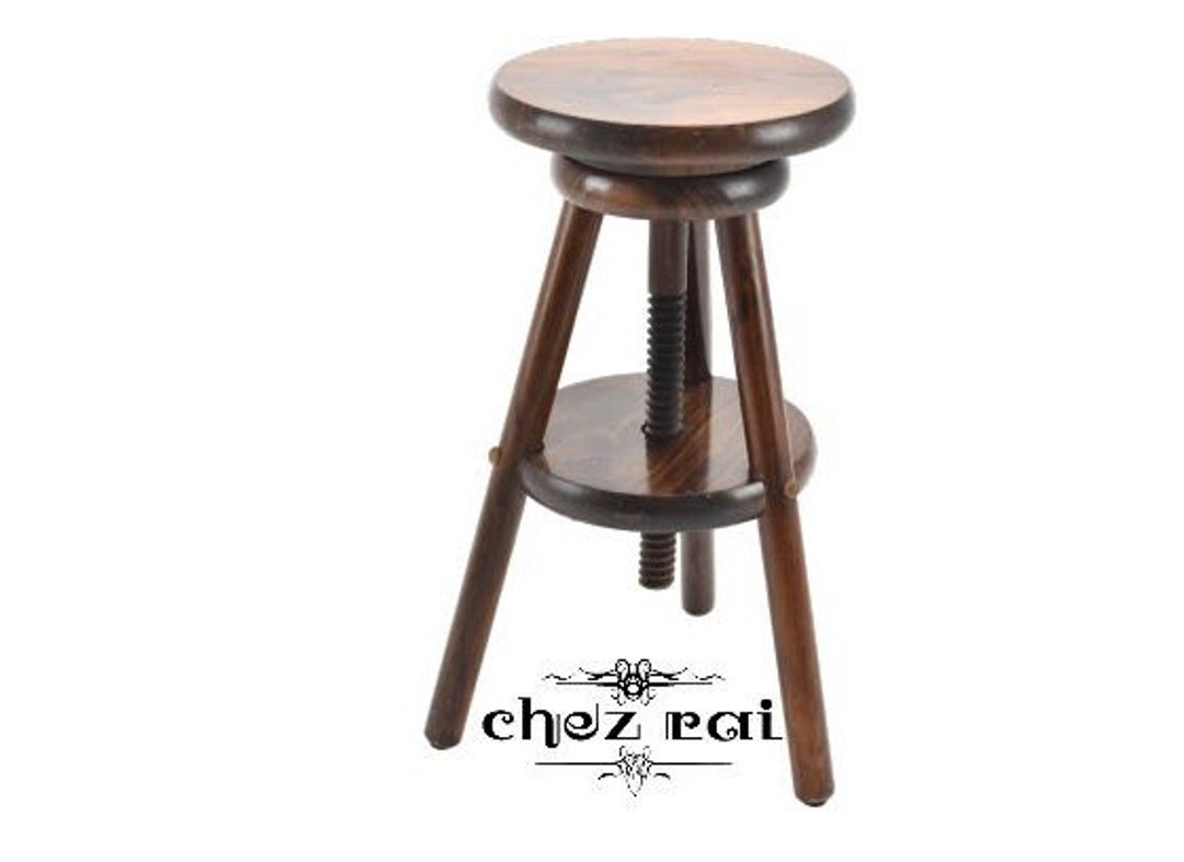 Vintage French Heavy Wooden Stool Screw Tripod Round Adjustable Wood ...