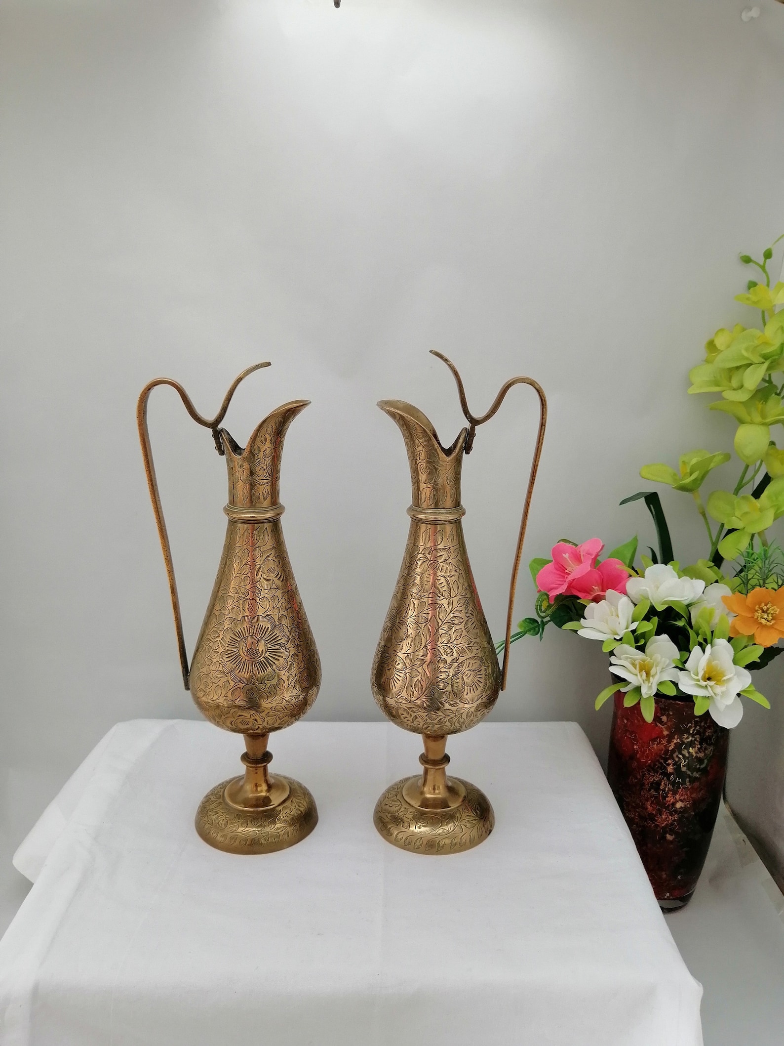 Vintage Heavy Decorated Indian Slim Tall Jugs Vintage Brass | Etsy