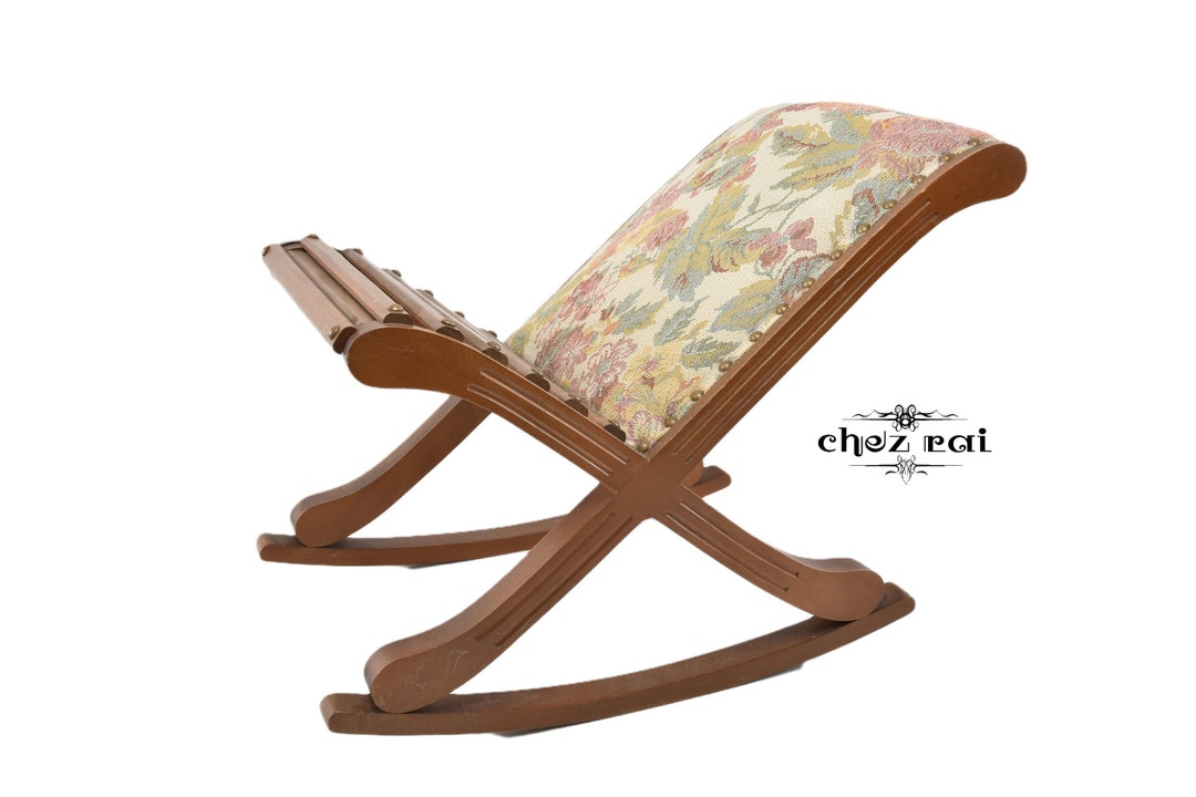 Vintage Wooden Slatted Rocking Footstool Footrest Cushioned Farmhouse ...