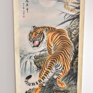 Vintage Large Asian Scroll Vertical Tiger Wall Hanging Wall Décor Asian ...