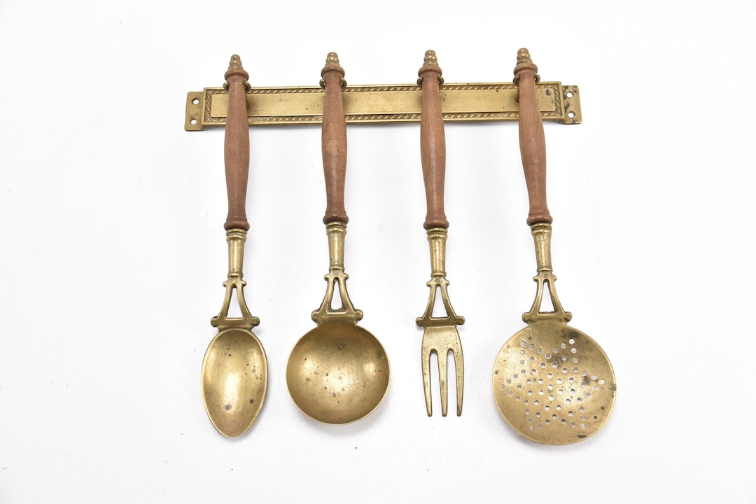Chezrai - Vintage French Set 4 Vintage Kitchen Wood and Brass Utensils ...