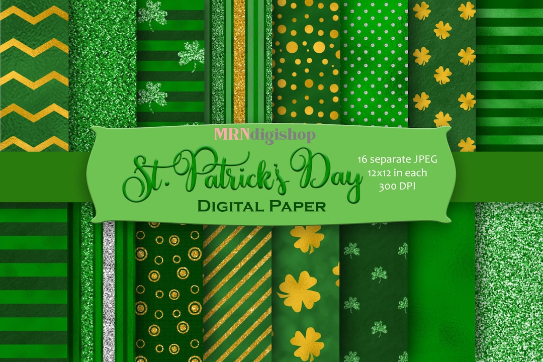St. Patrick's Day Digital Paper, Scrapbooking, Shamrock, Gold and Green ...