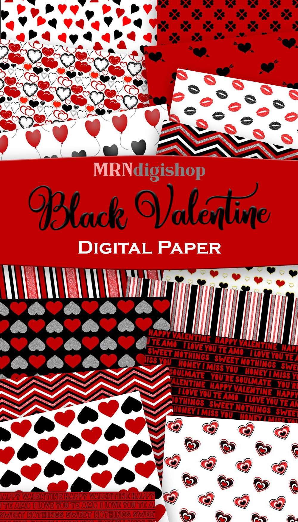 Black Valentine Digital Paper Hearts Happy Valentines Sweet - Etsy